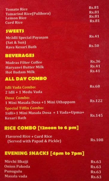 Menu at Mr. IDLI Food Court, Hyderabad, GVK One