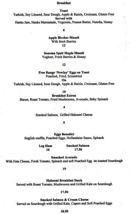 Menu at Sanctuary cafe, Paddington, 495 Oxford St