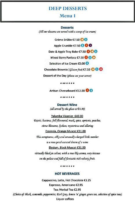 Menu at Deep Restaurant, Dublin