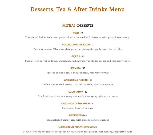 Menu at Tamarind restaurant, New York City, 99 Hudson St