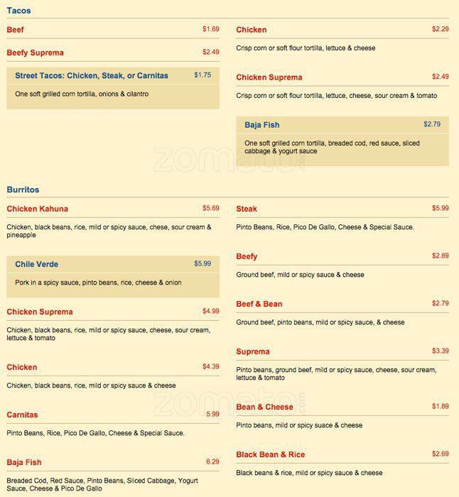 Menu at Mexicali Express restaurant, Beaverton, SW Canyon Rd #2104