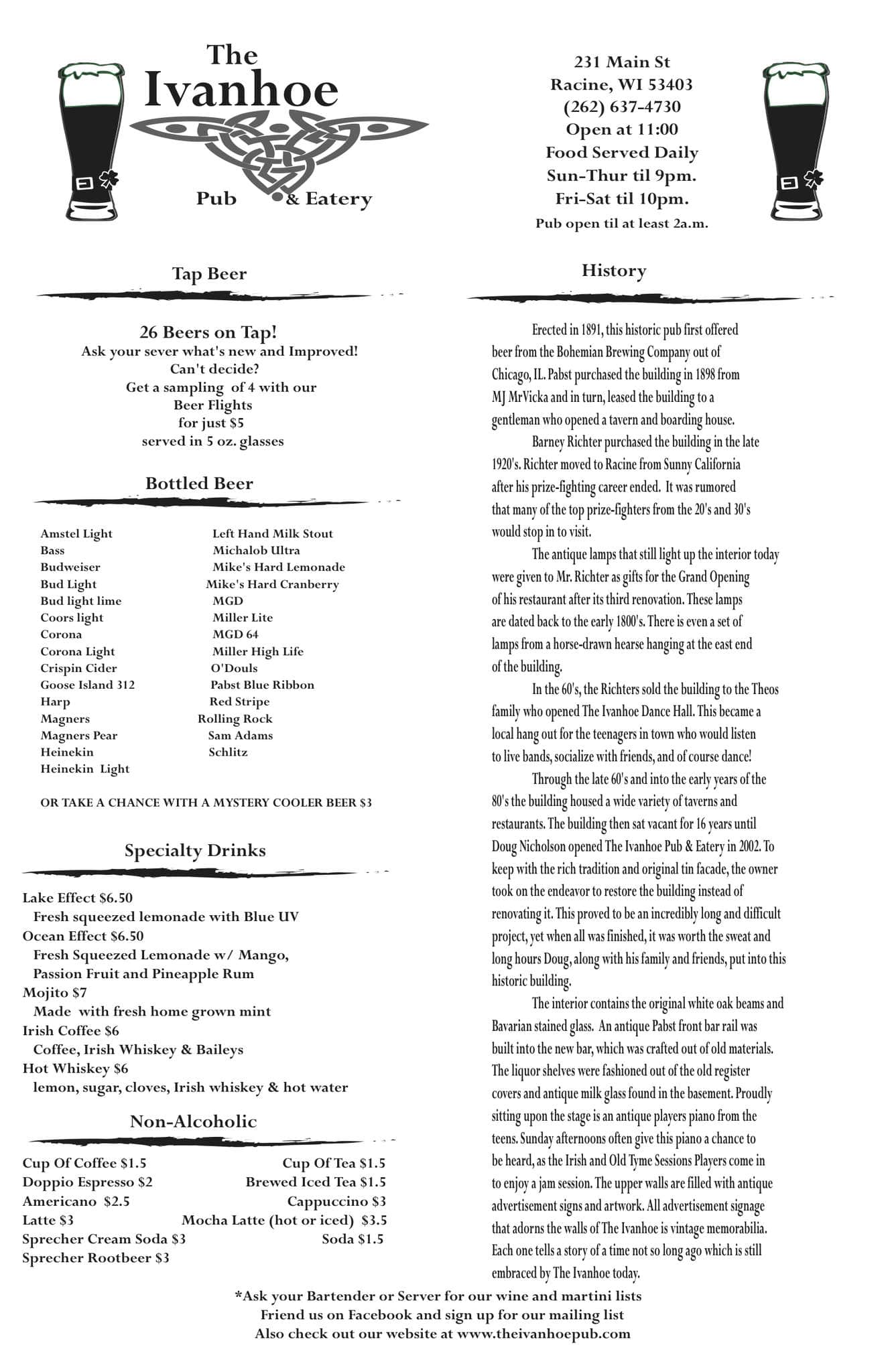 Menu at The Ivanhoe Pub & Eatery, Racine