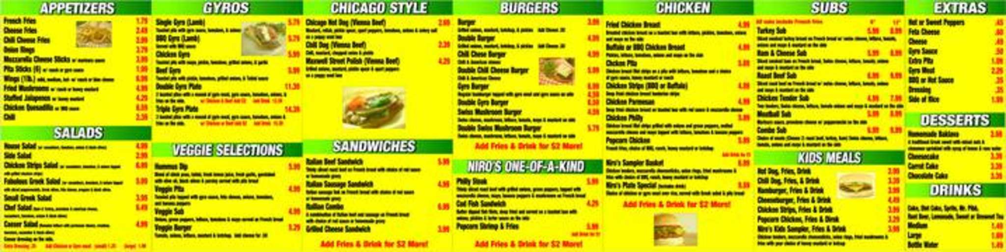 Menu at Niros Gyros restaurant, Knoxville, Cumberland Ave