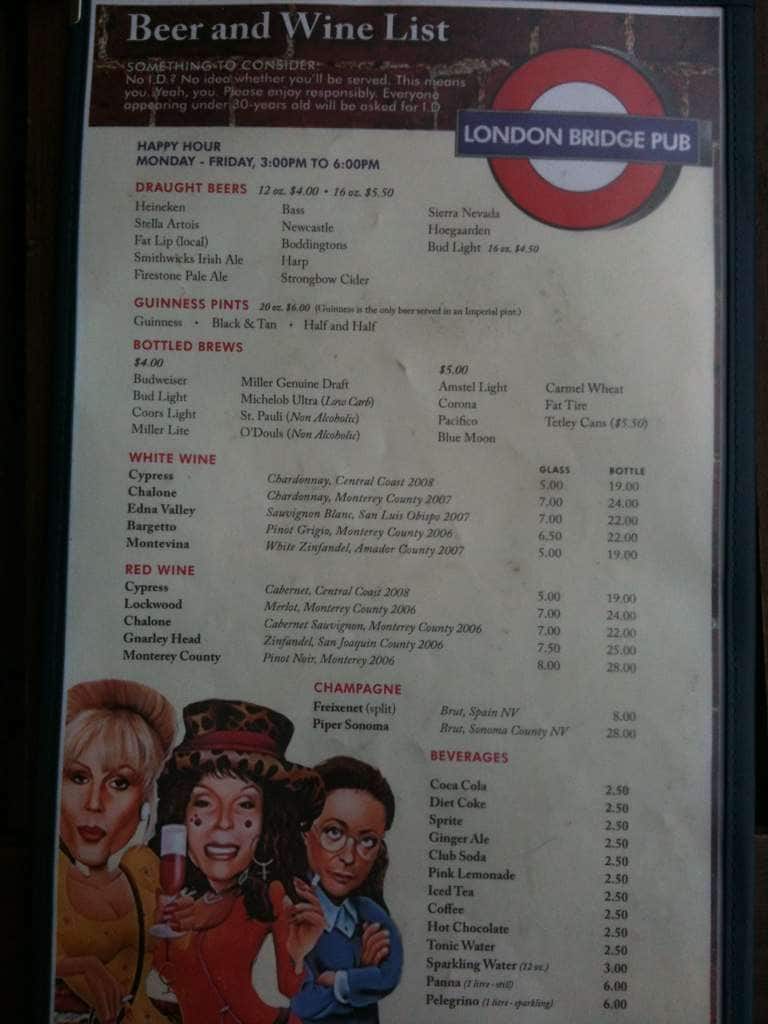 Menu at London Bridge Pub, Monterey, Fisherman's Wharf Ll