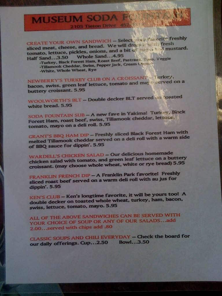 Menu at Soda Fountain restaurant, Yakima