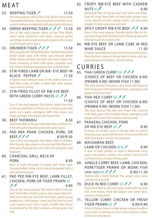 Menu at Dee Thai restaurant, Altrincham