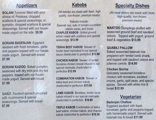 Menu at De Afghanan Kabob House restaurant, San Francisco, Geary St
