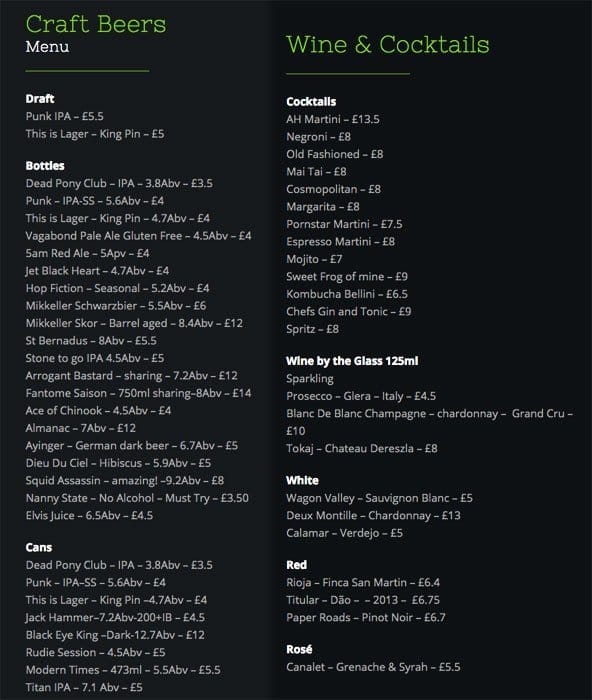 Menu at The Frog pub & bar, London, 2 Ely's Yard Old Truman Brewery ...