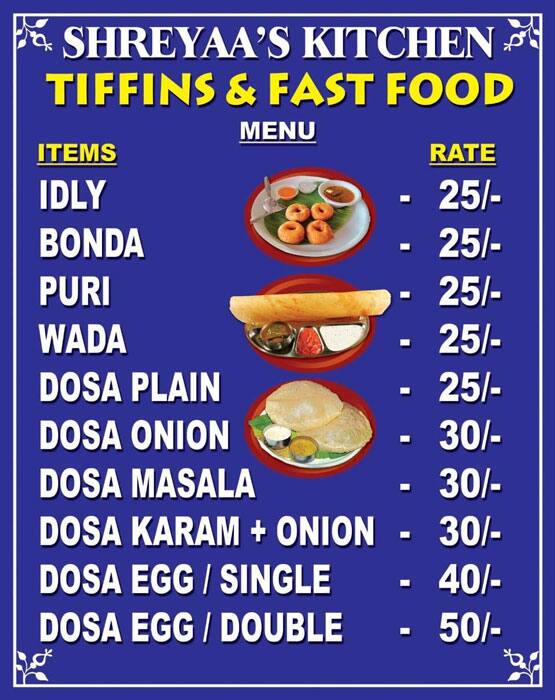 Menu of Shreyaa's Kitchen, Tarnaka, Hyderabad