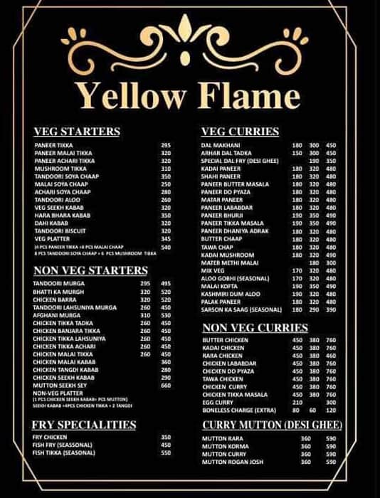 Menu of Yellow Flame, Sector 49, Gurgaon