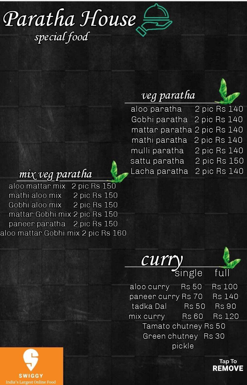 Menu of Paratha House, Jeedimetla, Hyderabad