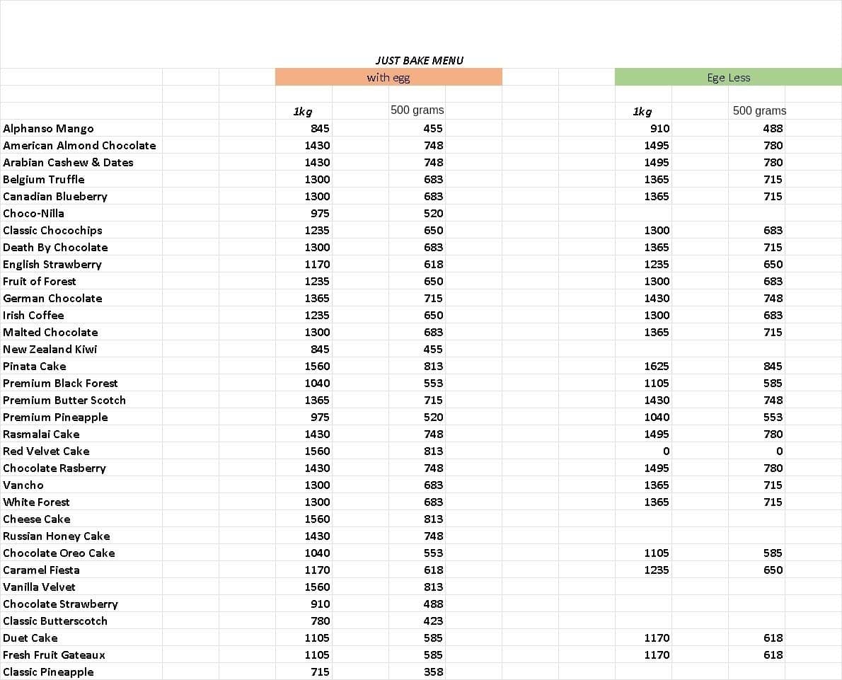 Menu of Just Bake, Whitefield, Bangalore