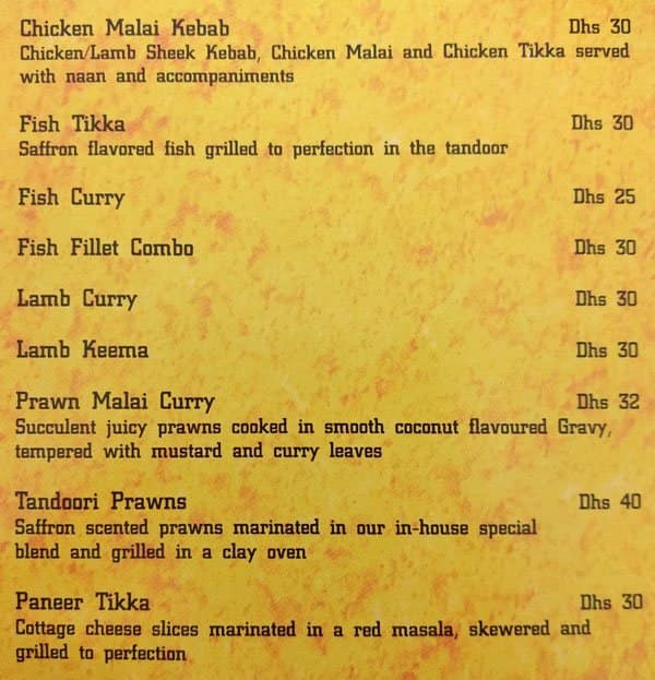 Menu at Zaika restaurant, Abu Dhabi, Khalidiyah Mall