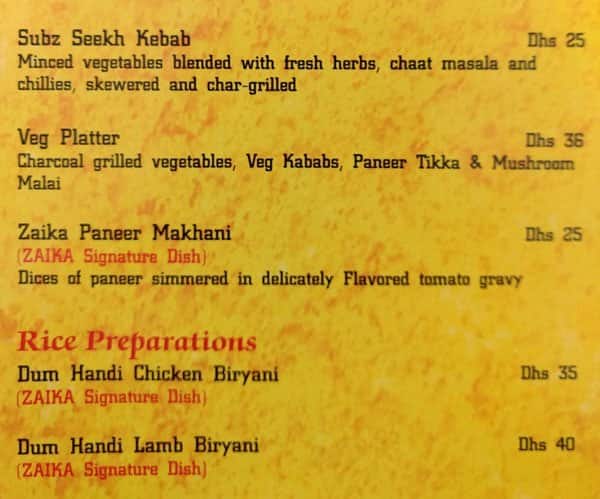 Menu at Zaika restaurant, Abu Dhabi, Khalidiyah Mall