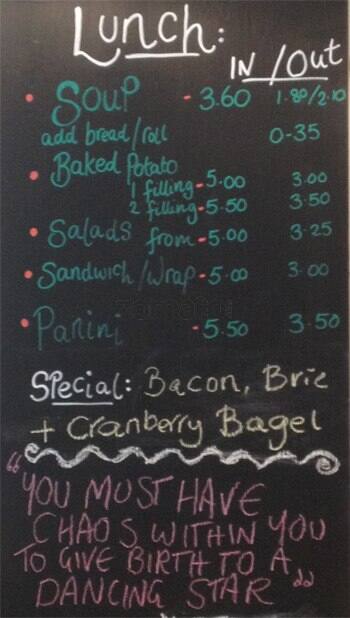 Menu at Cafe Wander, Glasgow, Argyle Street