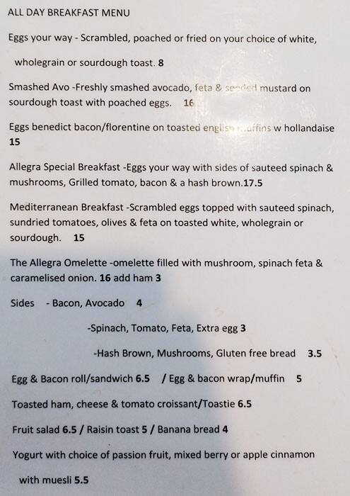 Carta de Cafe Allegra, Melbourne