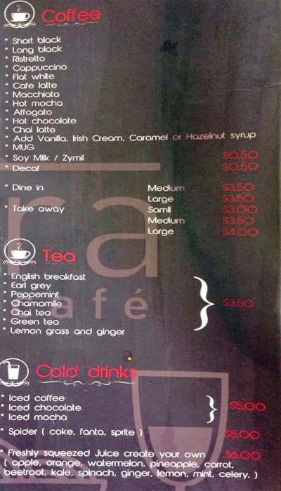 Carta de Cafe Allegra, Melbourne