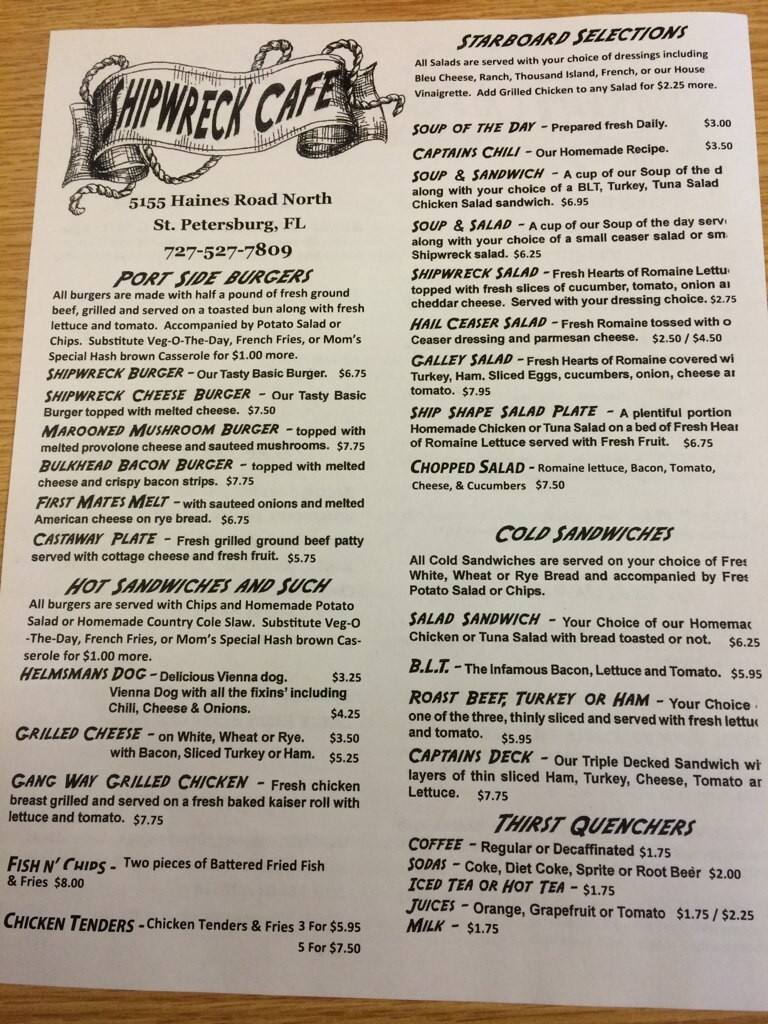 Menu at Shipwreck Cafe, Pinellas Park