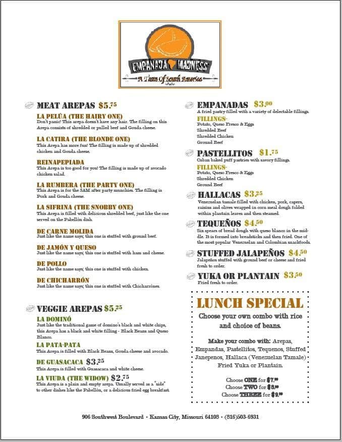 Menu at Empanada Madness restaurant, Kansas City, 906 Southwest Blvd