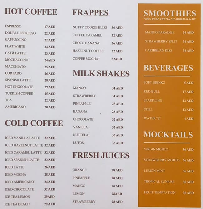 Menu of Lumiere Coffee, Umm Suqeim, Dubai