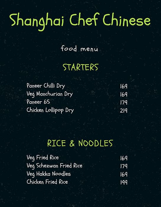 Menu of Shanghai Chef Chinese, Bibvewadi, Pune