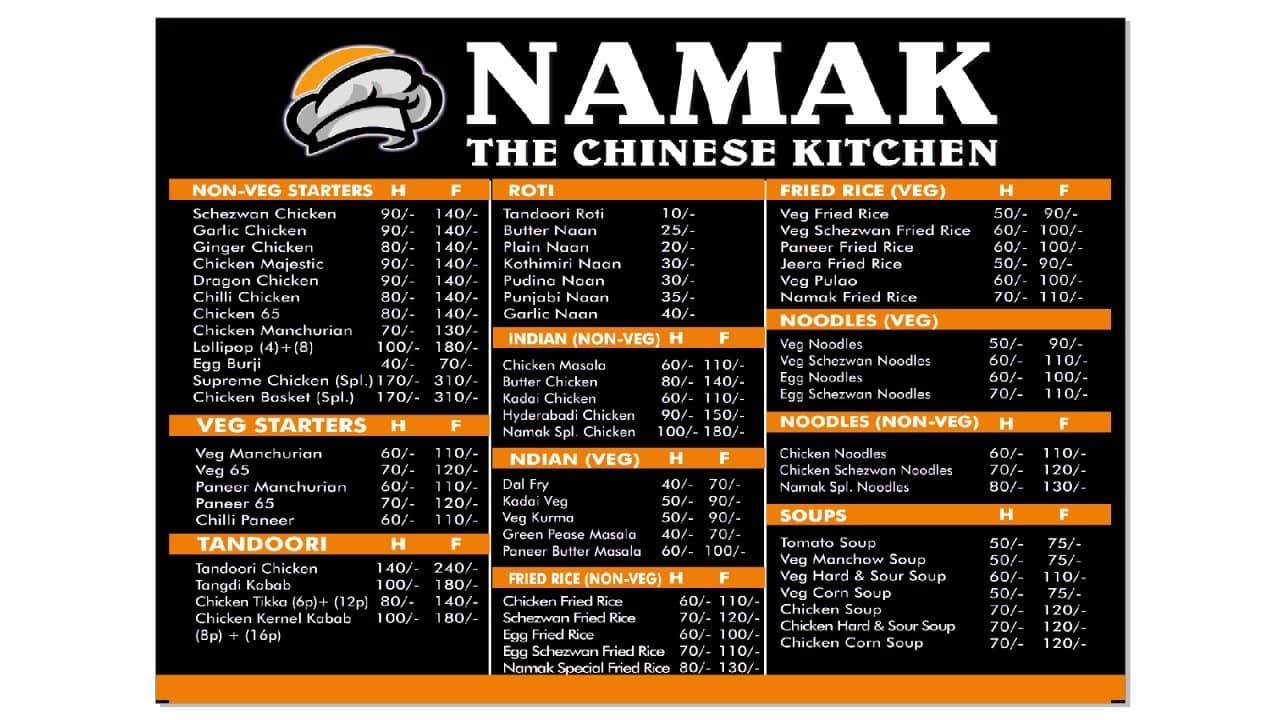 Menu at Namak the chinese kitchen, Hyderabad
