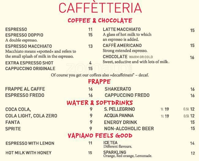 Menu at Vapiano restaurant, Dubai, Dubai Mall Upper Deck Rd