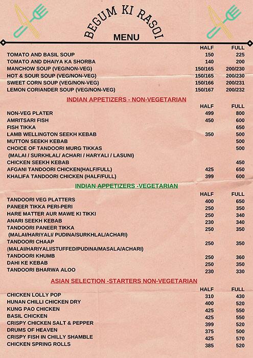 Menu of Begum Ki Rasoi, Sector 50, Noida