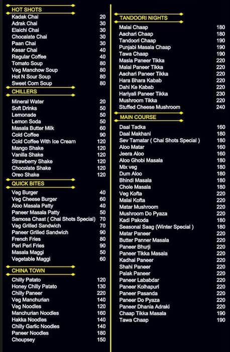 Menu of Chaishots Cafe & Restaurant, Gamma 1, Greater Noida