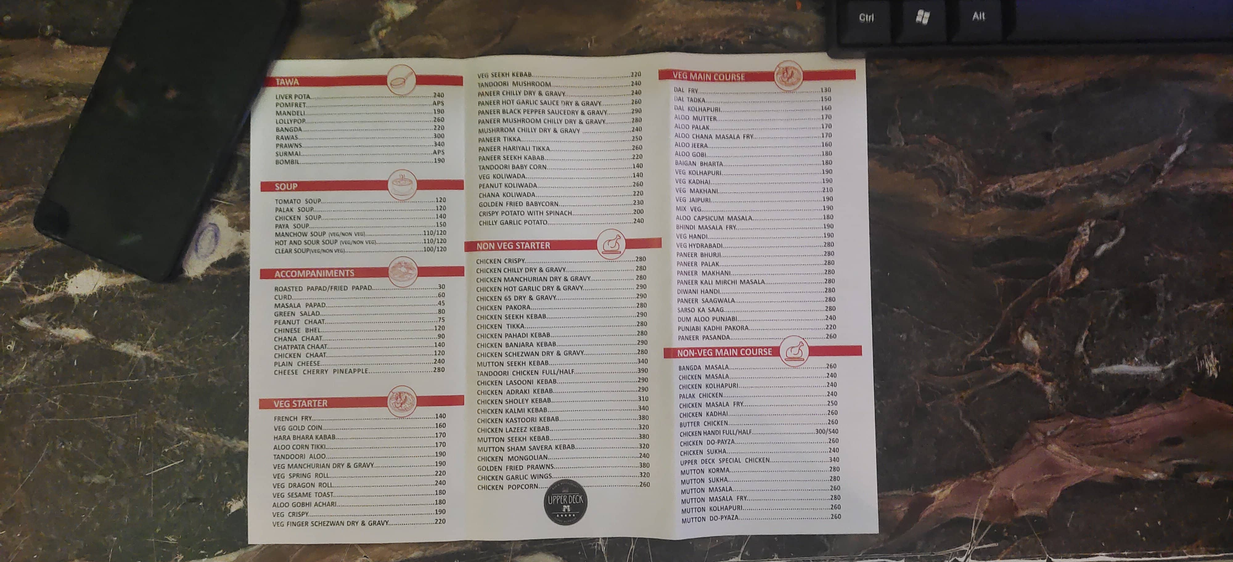 Menu of Upper Deck, Kopar Khairane, Navi Mumbai