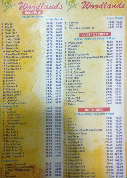 Menu of Woodlands, Balmatta, Mangalore