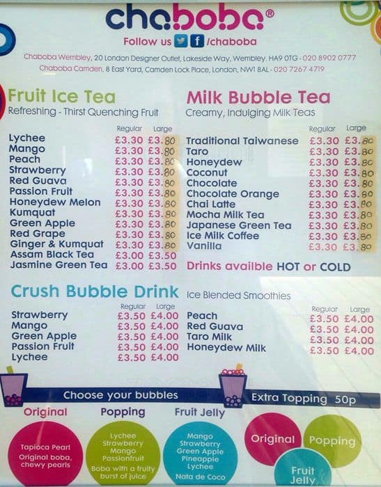 Menu at Chaboba Bubble Tea desserts, London, East Yard