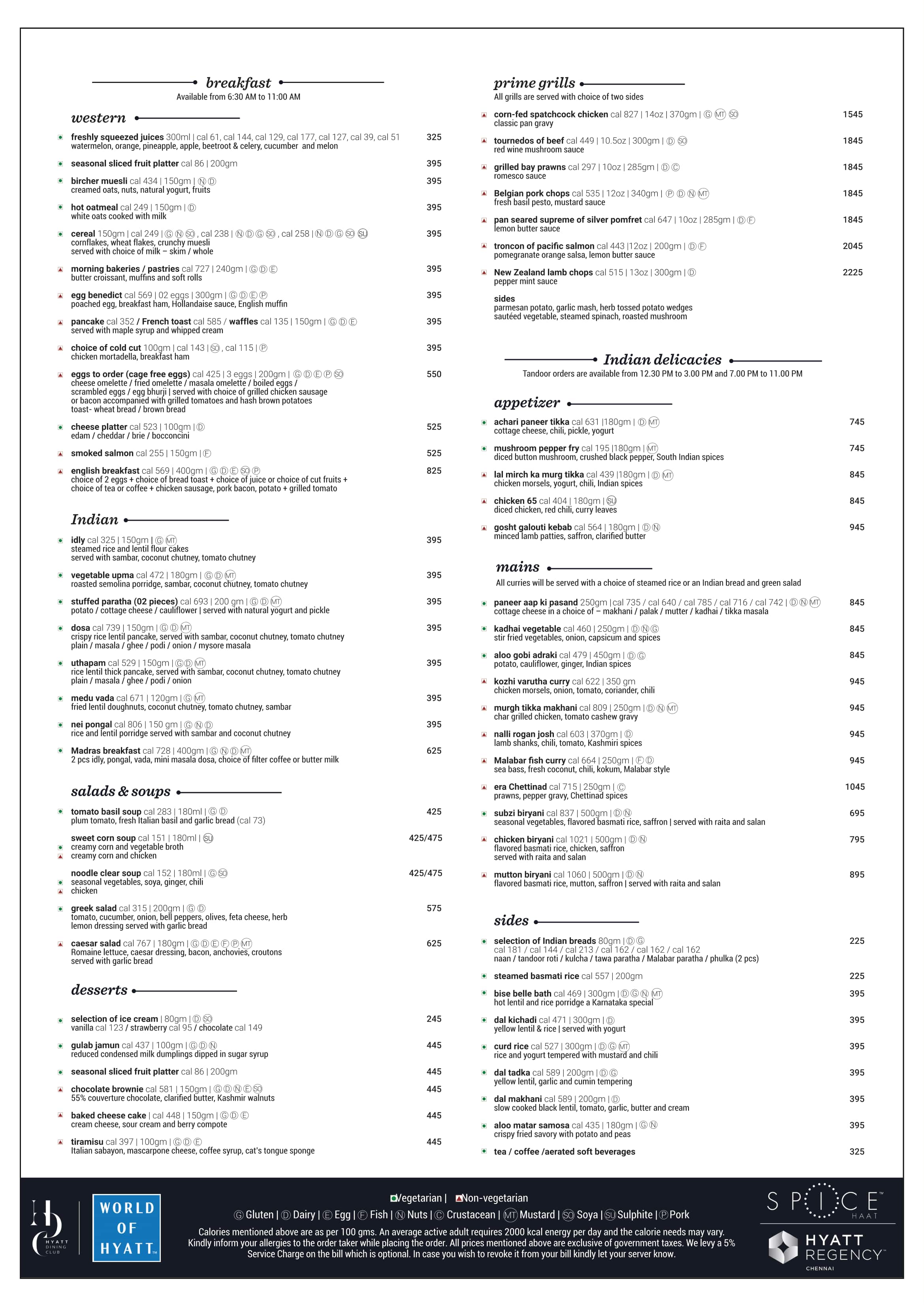 Menu of Spice Haat - Hyatt Regency, Teynampet, Chennai