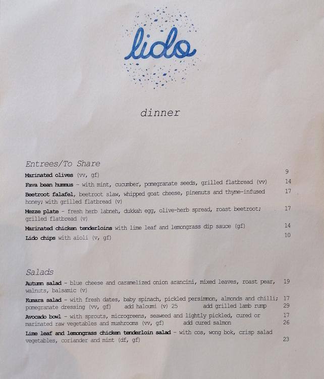 Menu at The Lido cafe, Wellington