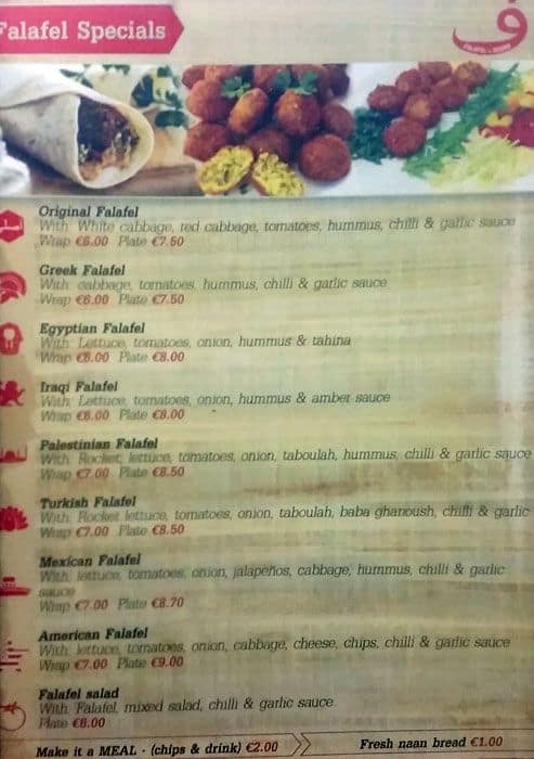Menu at Falafel restaurant, Dublin