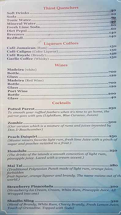 Menu at The Camelot, Arpora