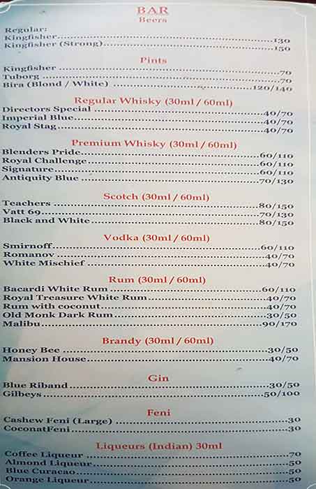 Menu at The Camelot, Arpora