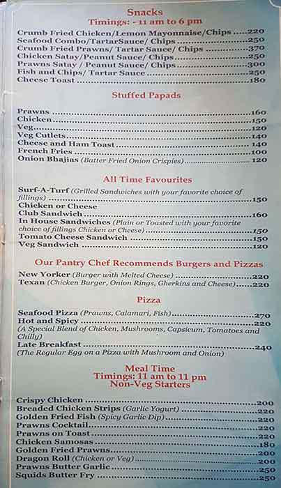 Menu at The Camelot, Arpora