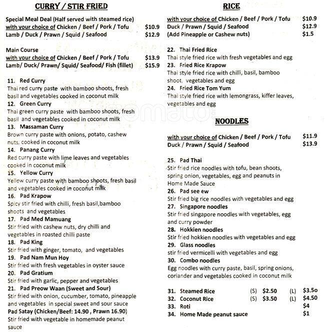 Menu at The One Thai, Melbourne