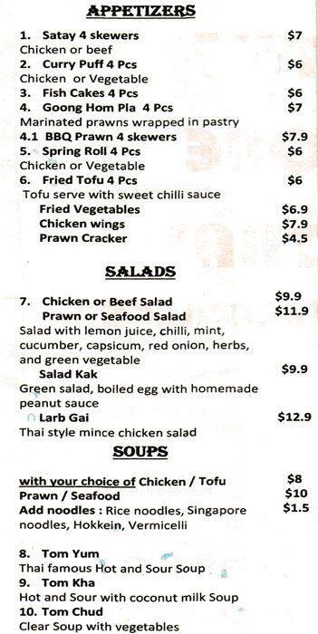 Menu at The One Thai, Melbourne