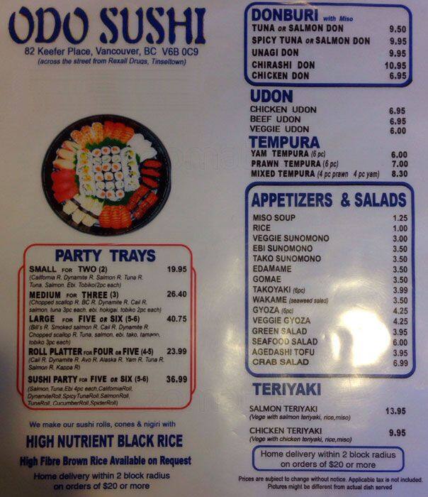 Menu at Odo Sushi restaurant, Vancouver