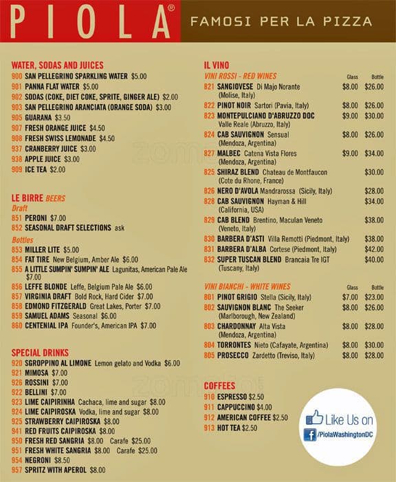 Piola Italian Restaurant & Garden Menu