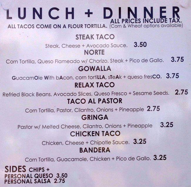 Menu at One Taco restaurant, Austin, S Capital Of Texas Hwy