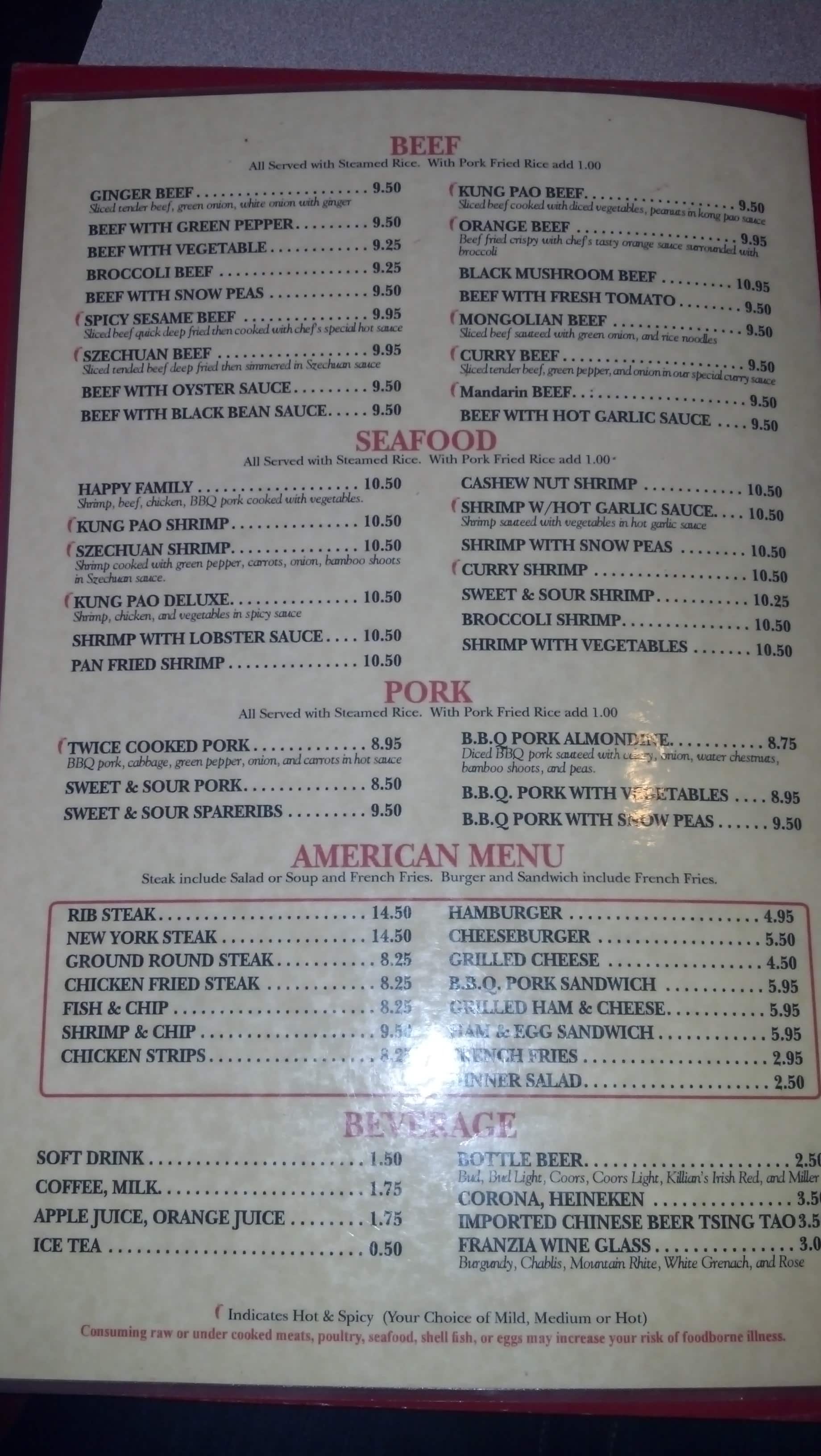 Menu at Chen's Chinese Restaurant, Hermiston