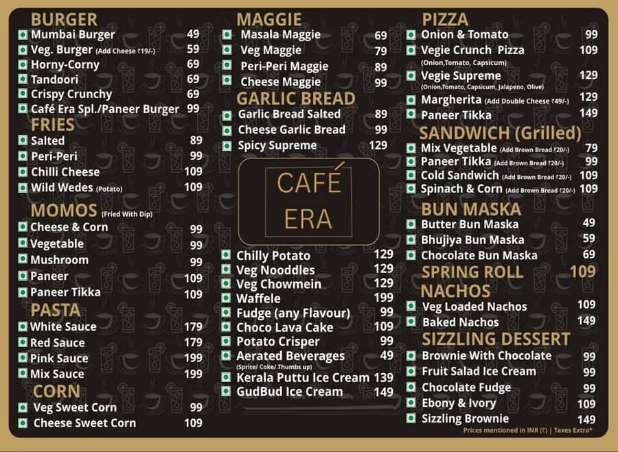 Menu of Cafe Era, Durga Puri, New Delhi
