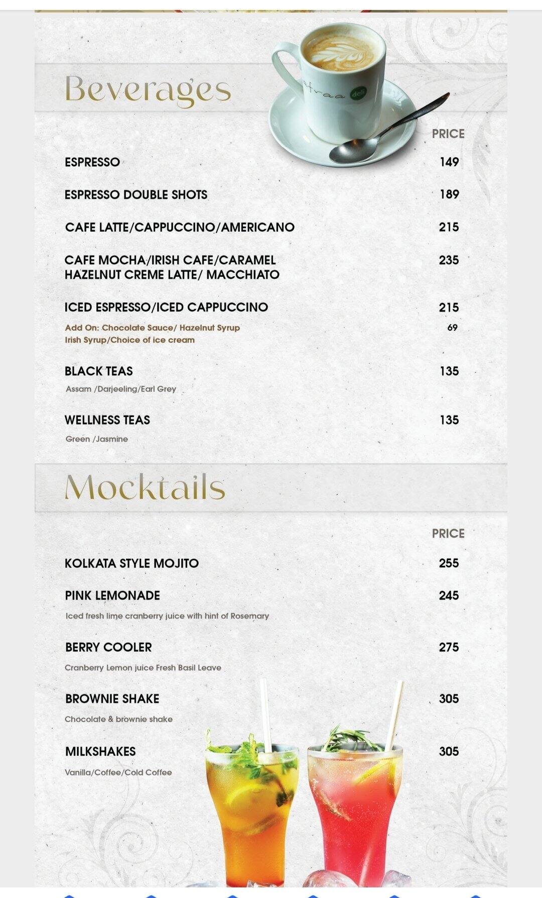 Menu of Afraa Deli, City Centre 2 Mall, Rajarhat New Town, Kolkata