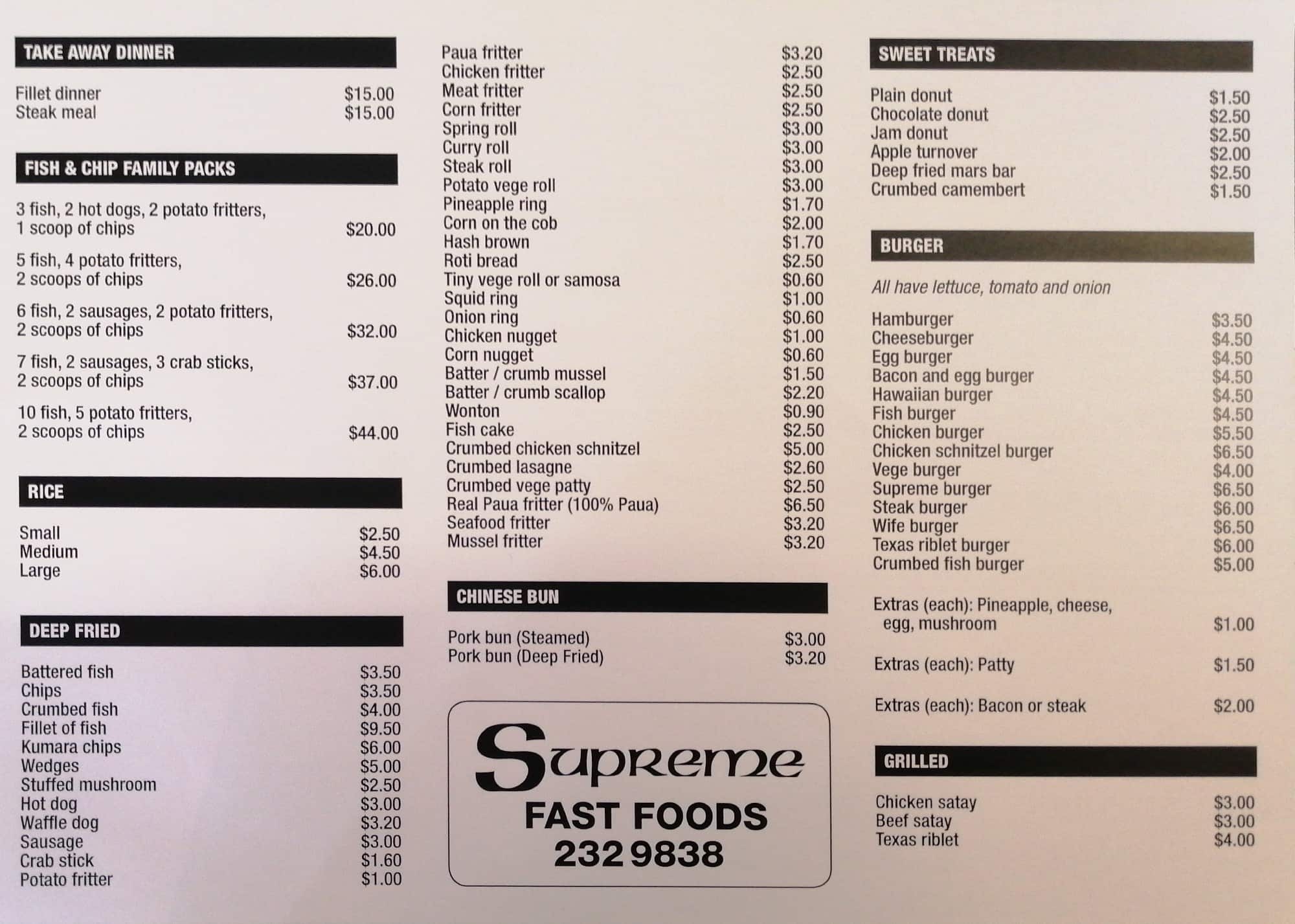 Menu at Supreme Fast Food, Wellington