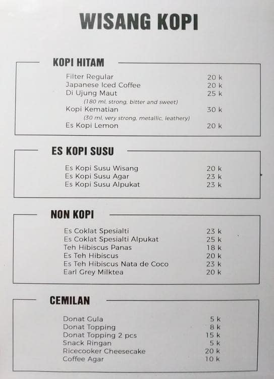 Menu at Wisang Kopi cafe, Jakarta, Jl. Abdul Majid Raya