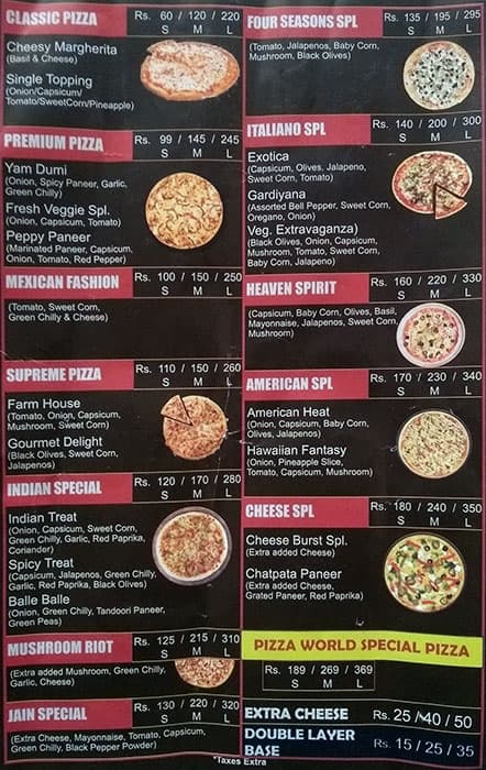 Menu of Pizza World, Malviya Nagar, Jaipur