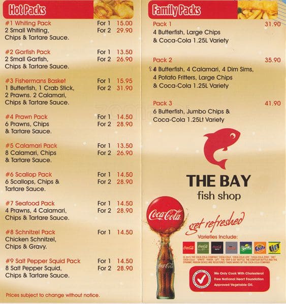 Menu at Bay Fish Shop restaurant, Glenelg